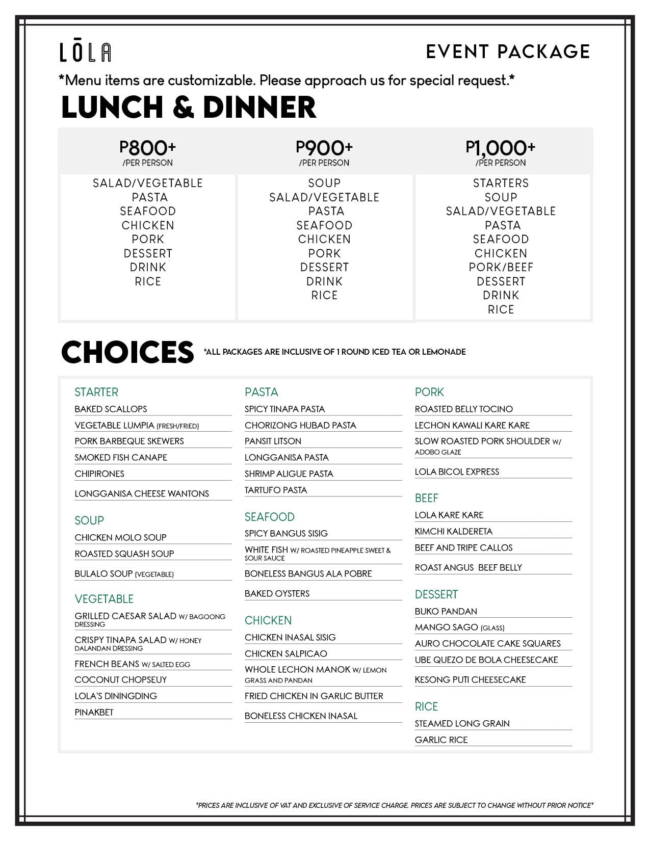 LOLA Cafe : Events Packages – Online