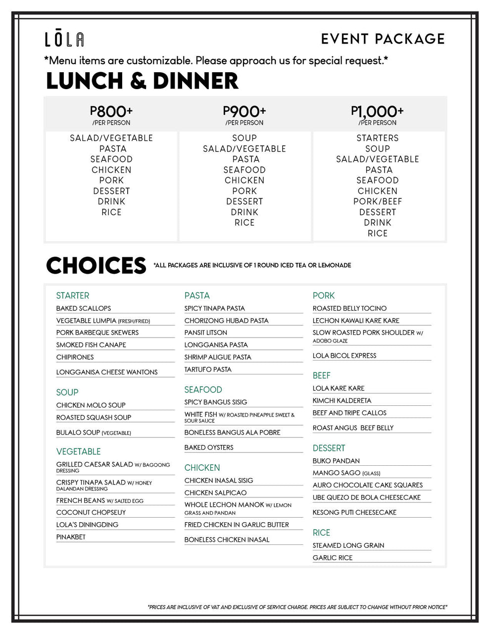 LOLA Cafe : Events Packages – Online