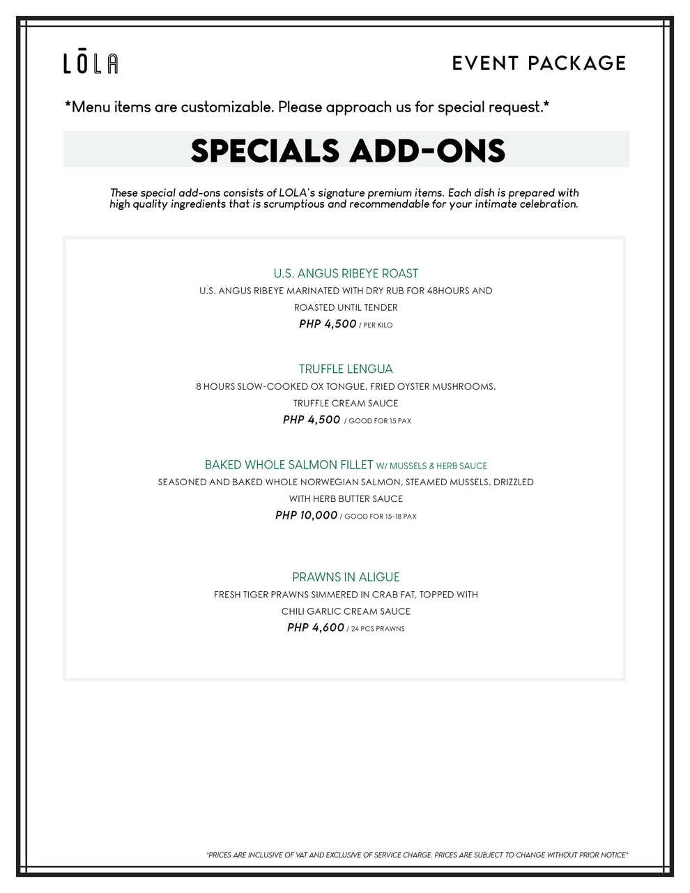 LOLA Cafe : Events Packages – Online